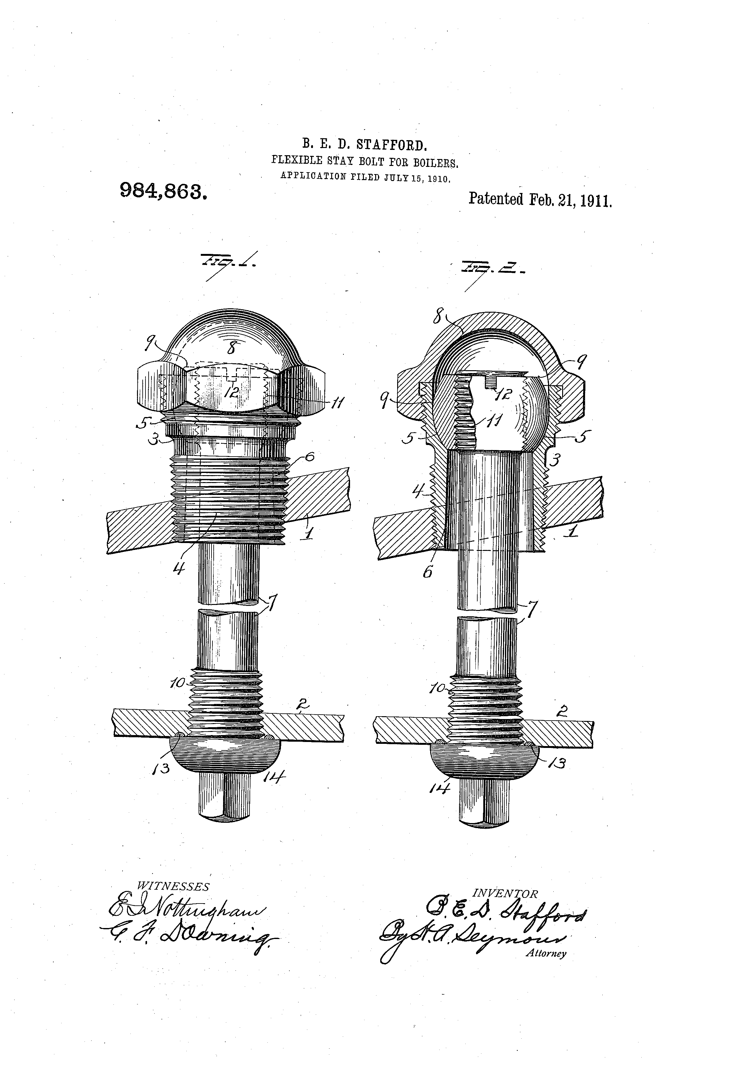 Patent US984863 - Flexible stay-bolt for boilers. - Google Patents