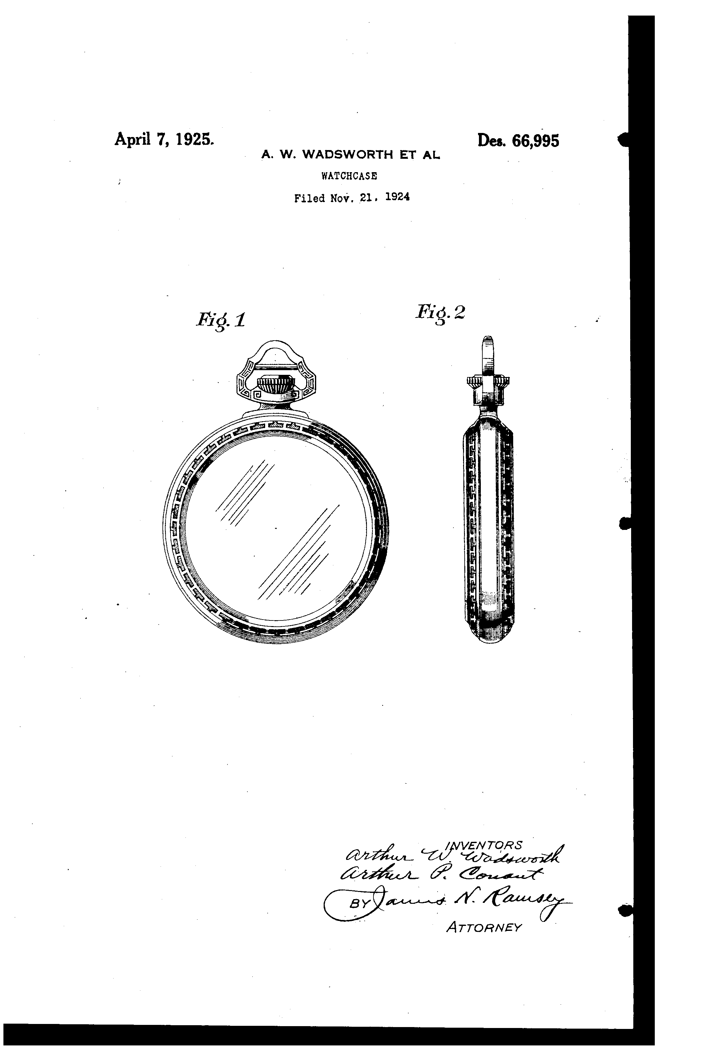 Patent Watch Case by Arthur W. Wadsworth Issued Apr 7, 1925