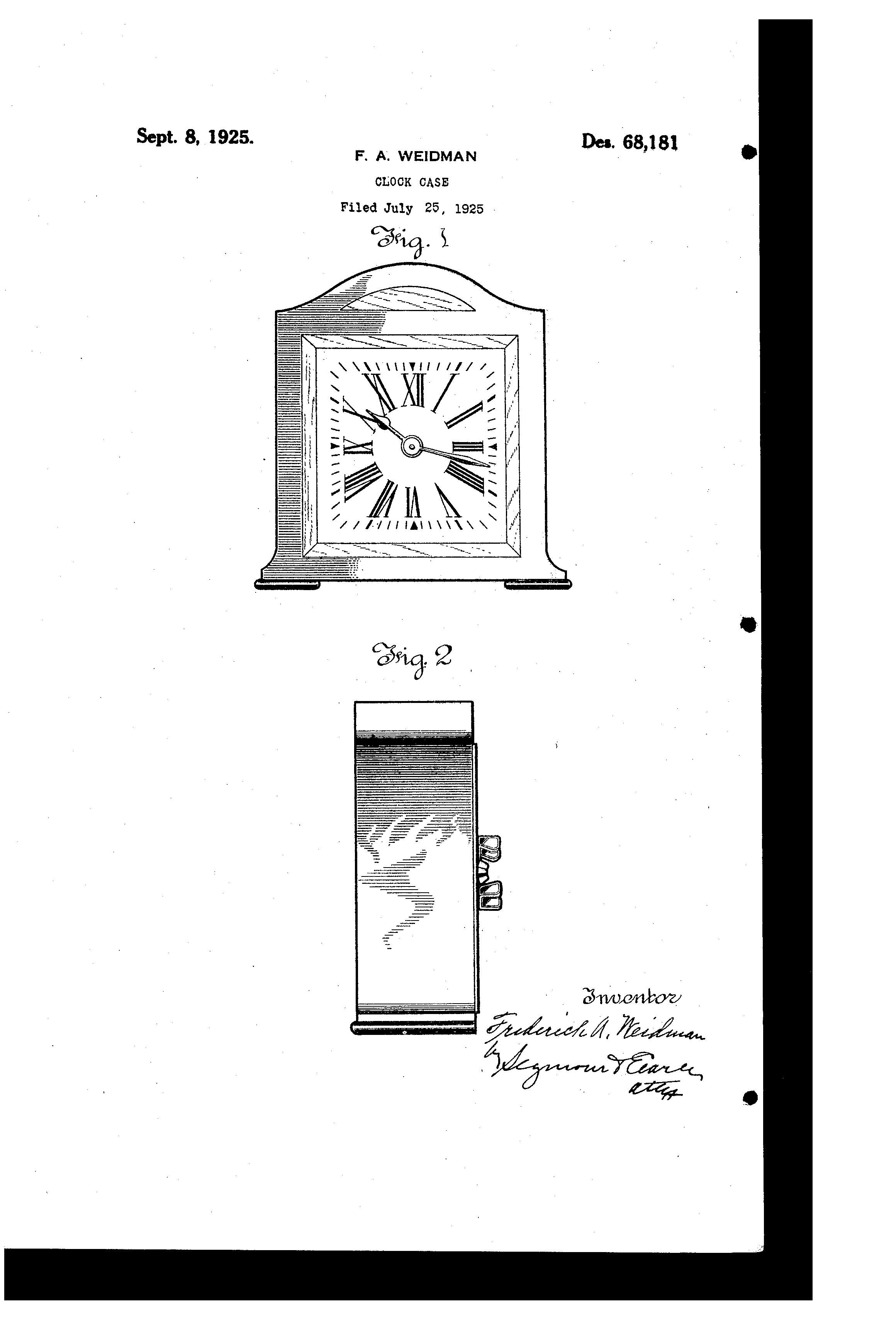 Patent Clock Case by Frederick A. Weidman Issued Sep 8, 1925