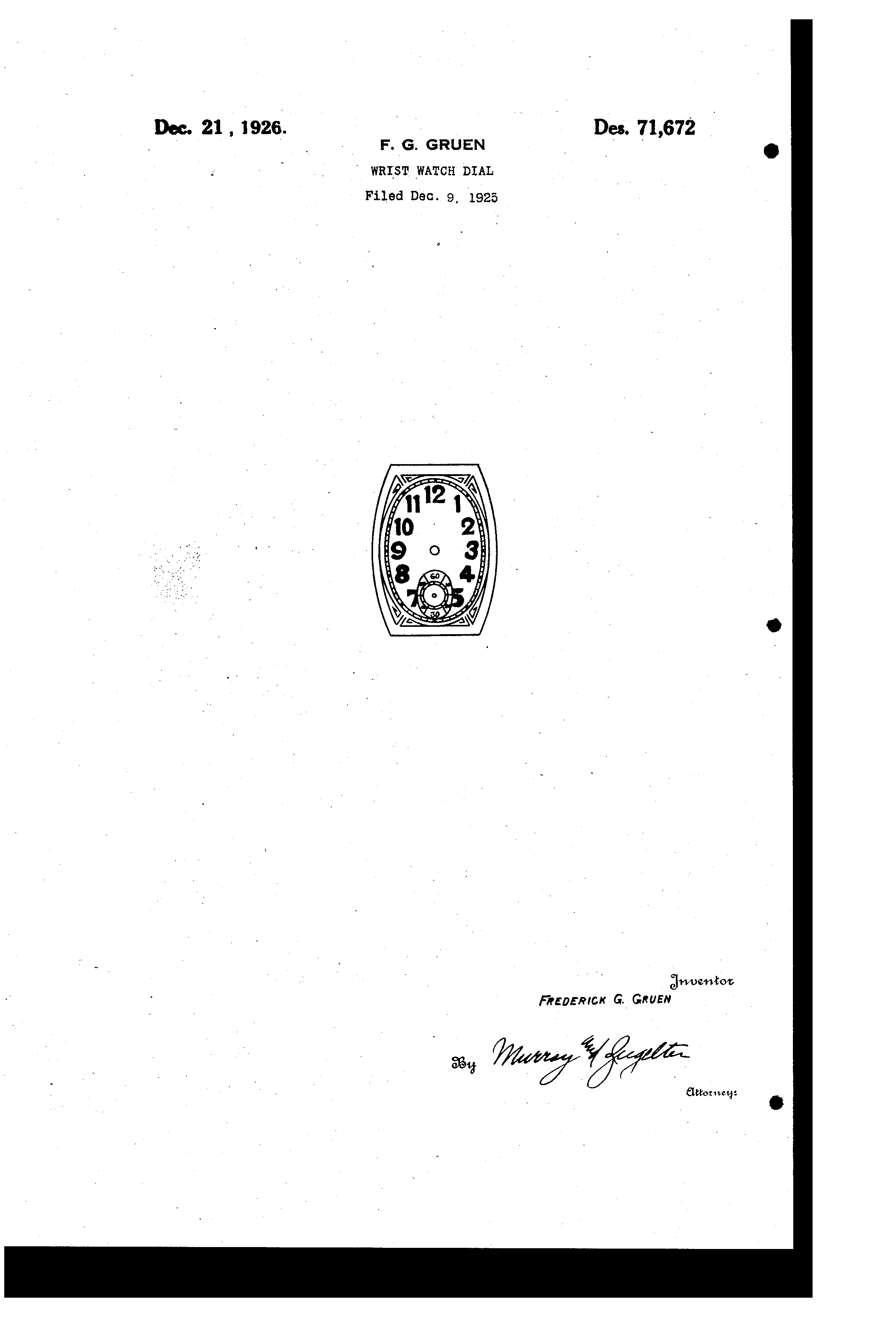 Patent Watch Wrist Dial by Frederick G. Gruen Issued Dec 21, 1926