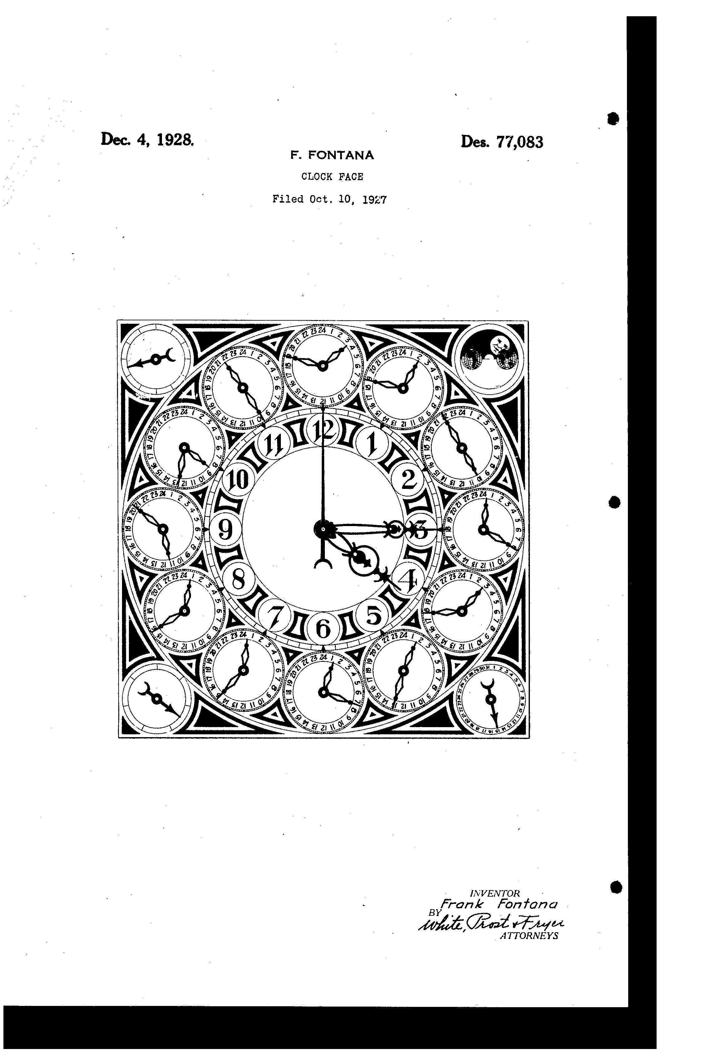 Patent Clock Dial Universal by Frank Fontana Issued Dec 4, 1928