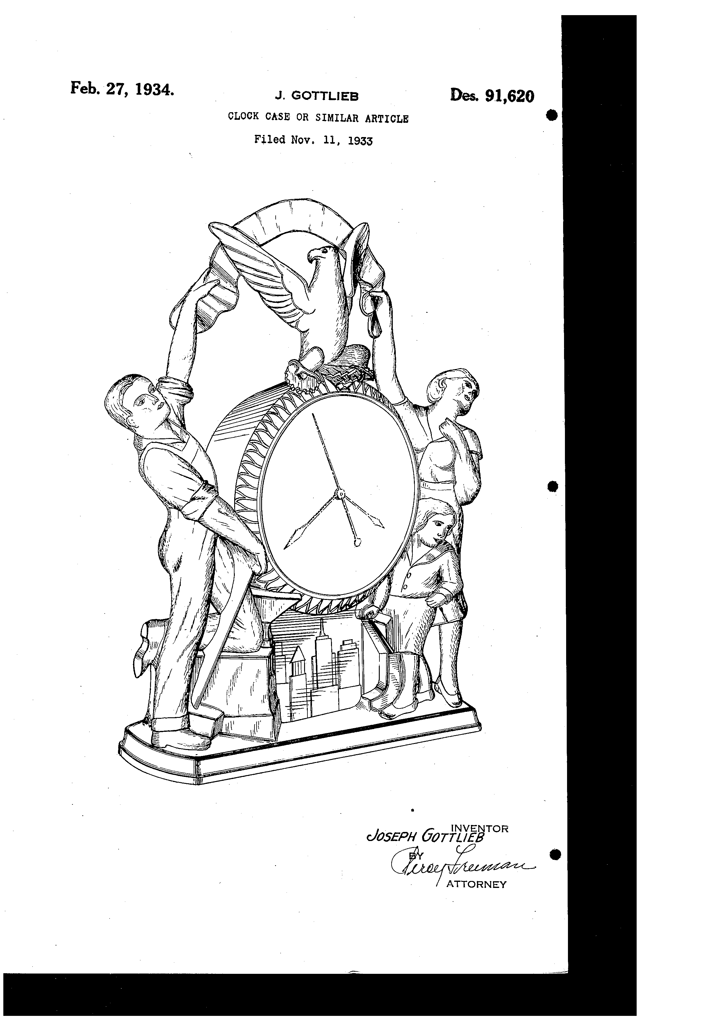 Patent Clock Case Cast -family & Eagle- by Joseph Gottlieb Issued Feb ...