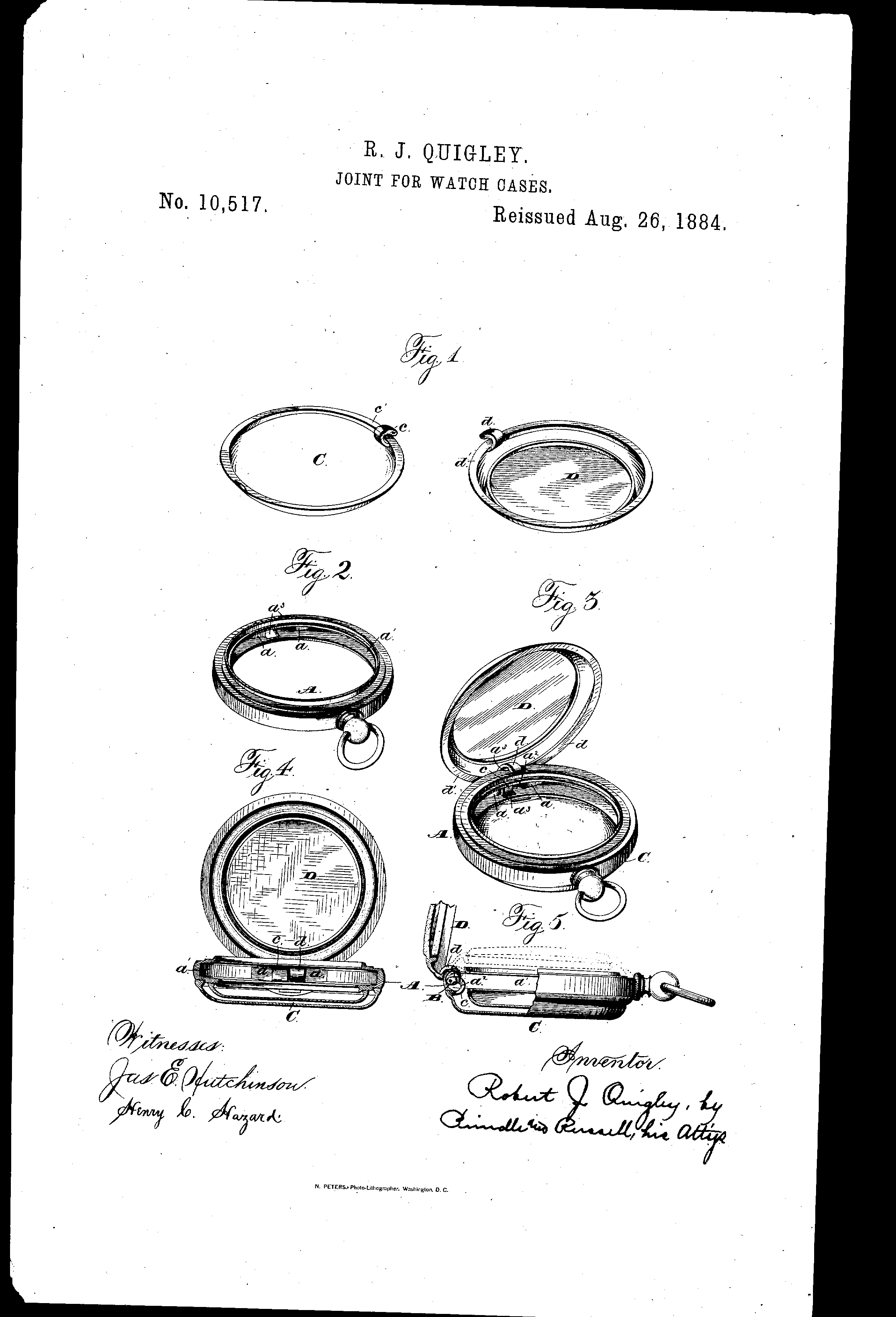Patent Watch Case Joint by Robert John Quigley Issued Aug 26, 1884